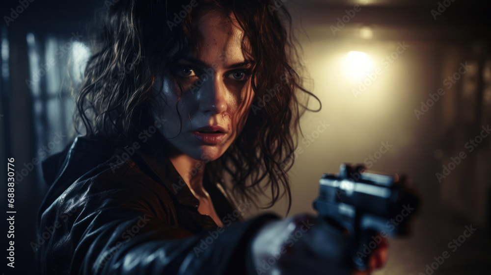 Young woman points gun at night, female killer or detective holds ...