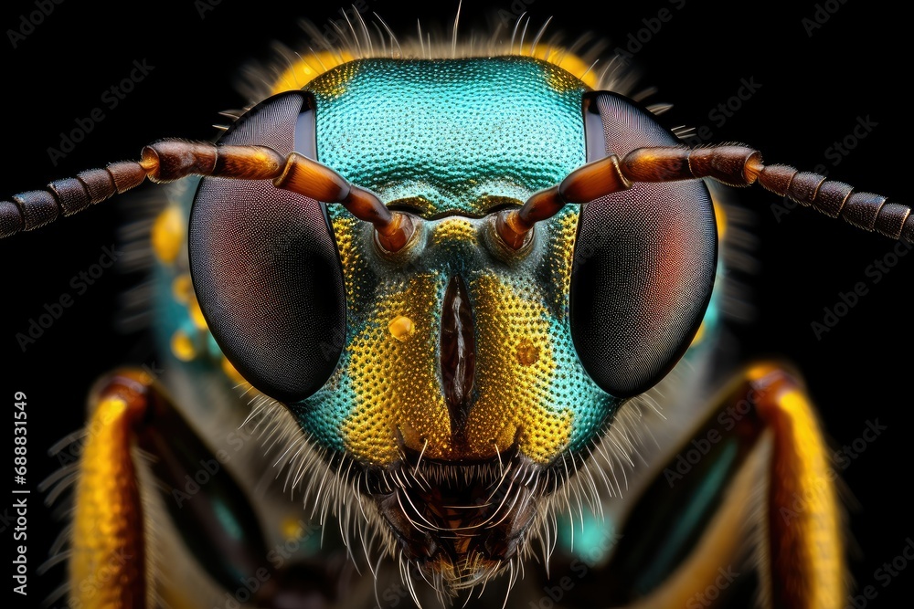 Macro photo of the head of a bee, Isolated on black background, Sharp ...