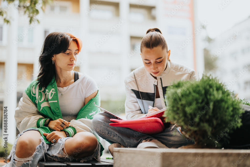 Two High School Girls Studying Outdoors and Helping Each Other with ...