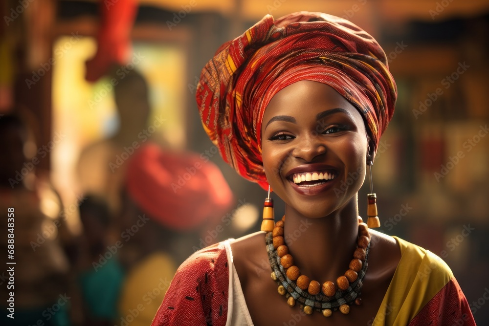 Smiling woman in traditional African attire with vibrant colors ...
