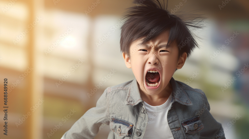 Angry boy screaming, upset, sad, negative attitude.Stressed child with ...