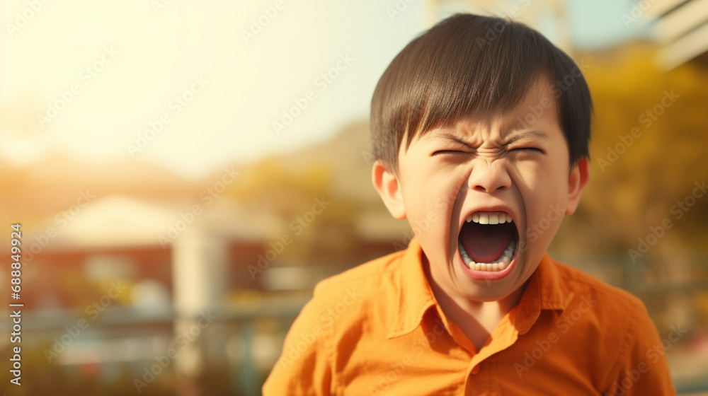 Angry boy screaming, upset, sad, negative attitude.Stressed child with ...
