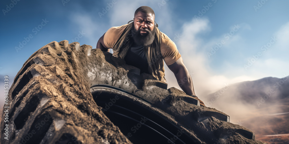 Athletic man flipping a tire, strongman workout exercise Stock Photo ...
