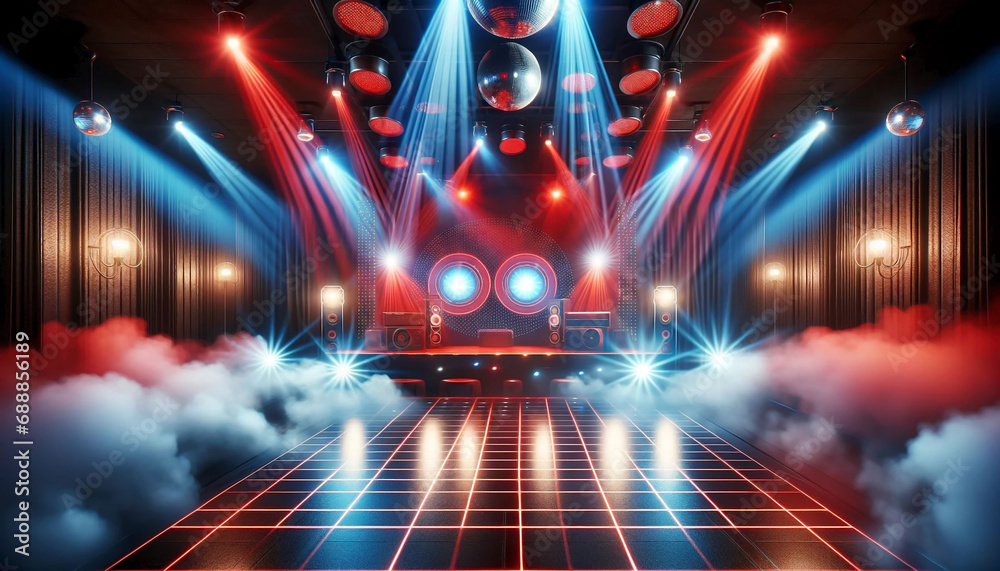Empty night club stage illuminated with red and blue spotlights. Retro ...