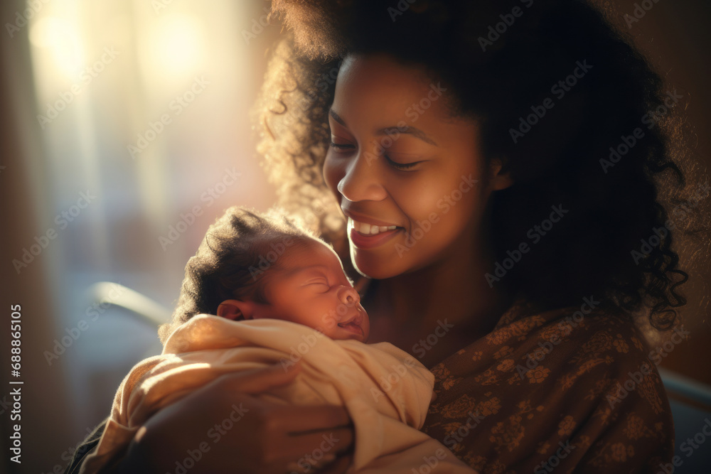 Beautiful young mother holding her newborn in maternity ward after ...