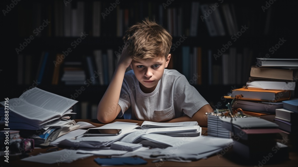 A child sits among a pile of books and papers, looking exhausted and ...