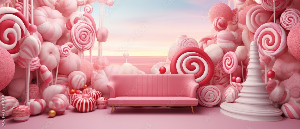 Surreal candy landscape with pink tones featuring assortment of sweets ...