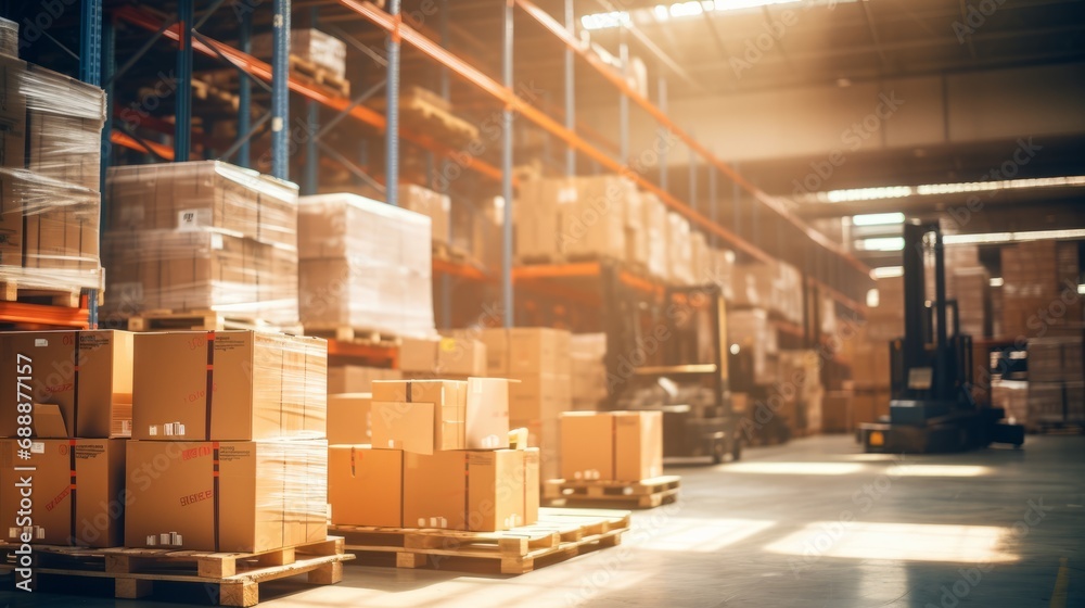 Retail warehouse full of shelves with goods in cartons, with pallets ...