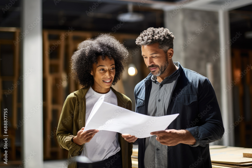 Architectural Dialogue: Female Architects with Paperwork, Engaged in a ...