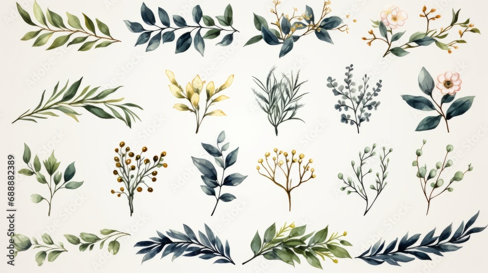 Set of floral watercolor logo elements. Wreath borders dividers, frame ...