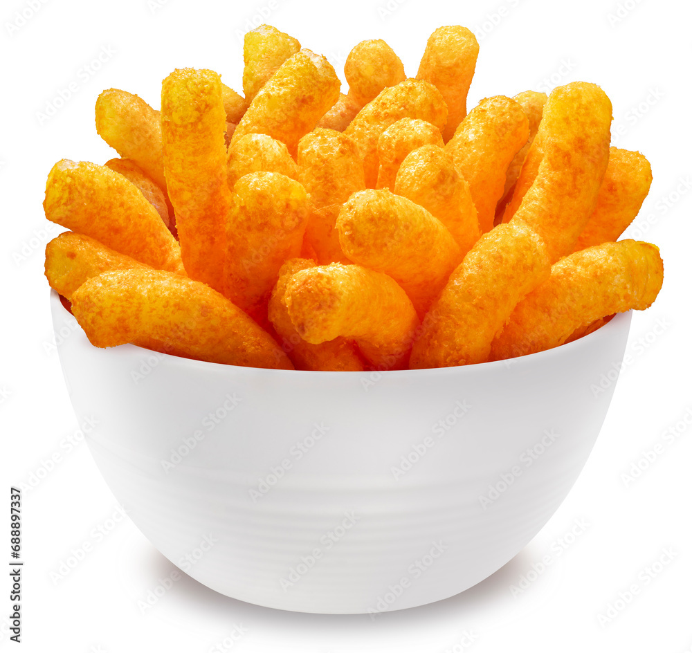 Puffed corn snacks cheesy in white paper bag isolated on white ...