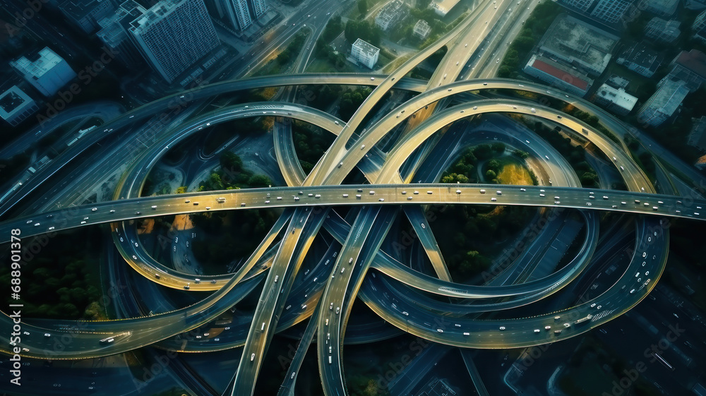 top view , night , roundabout interchange of a city, Expressway is an ...