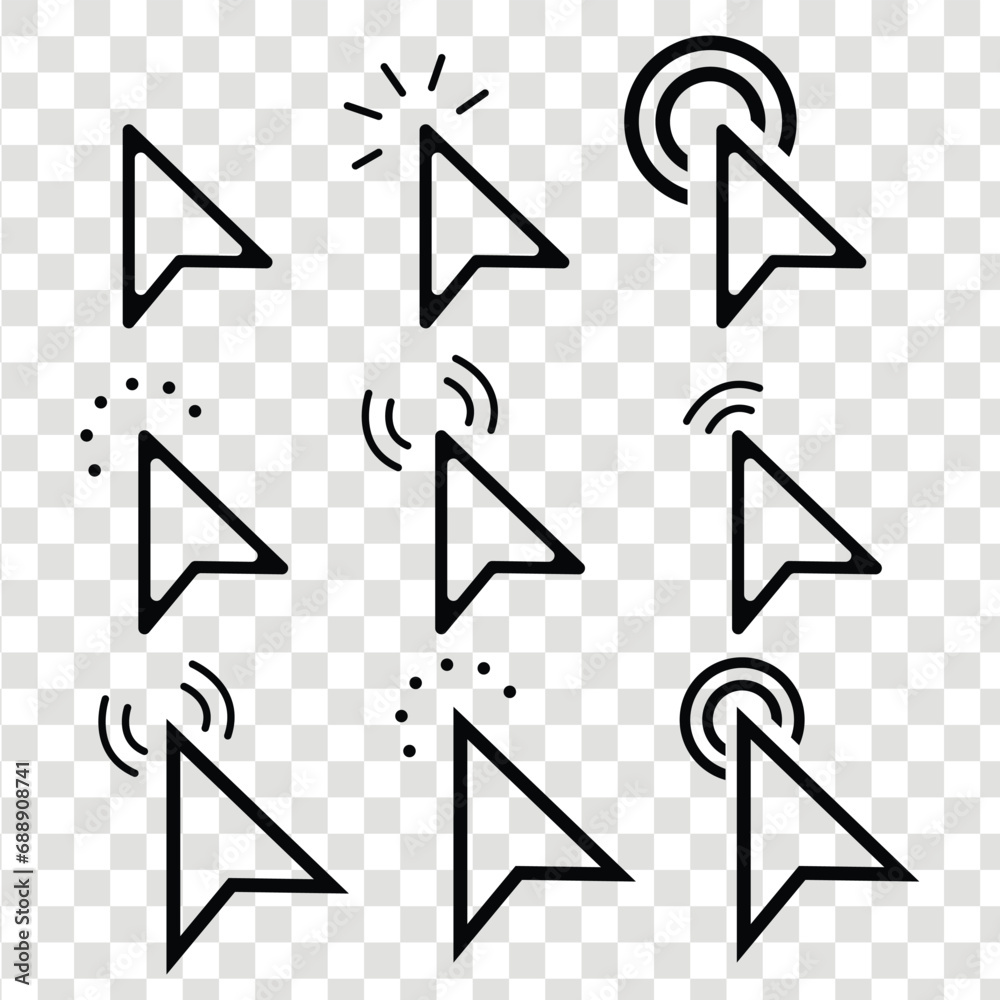 Pointer click icon set. Hand cursor click. Arrow pointer. Computer mouse cursor. Clicking finger ...