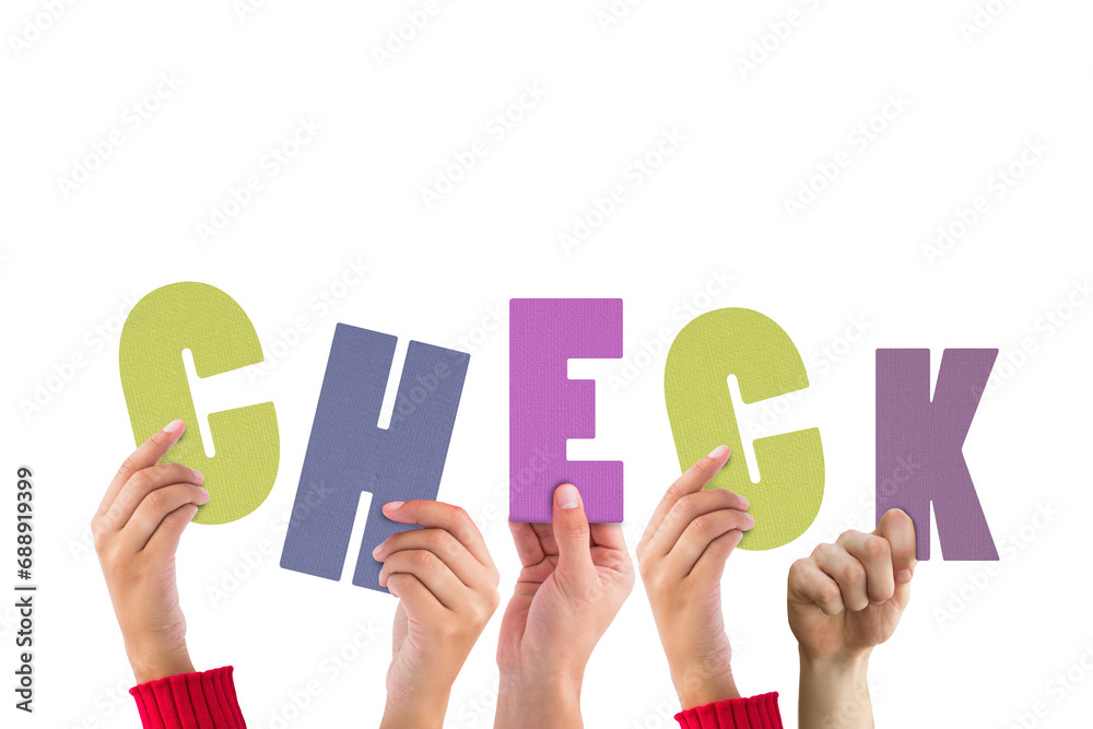 Digital png illustration of hands and check text on transparent ...