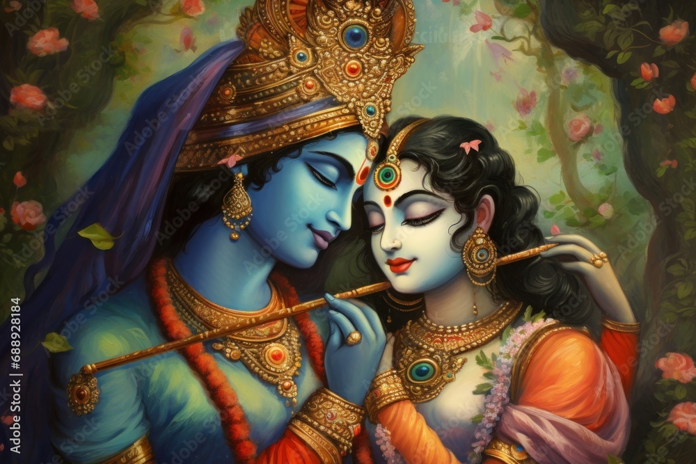 Hindu God Sri Krishna and Radha art, Generative AI Stock Illustration ...