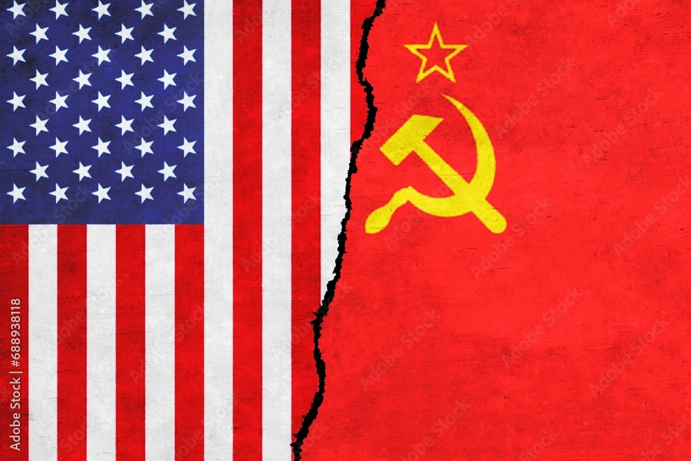 USA and Soviet Union painted flags on a wall with a crack. United ...