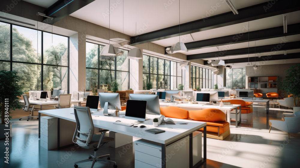 Small business office with startup workspaces and modern furniture ...