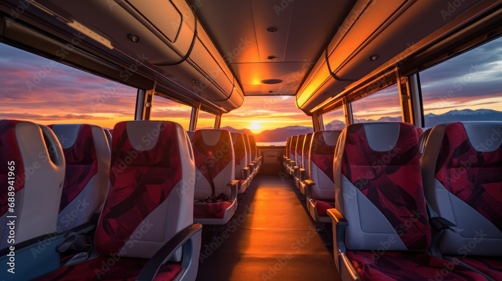 comfortable passenger bus interior with upholstered seats; individual ...