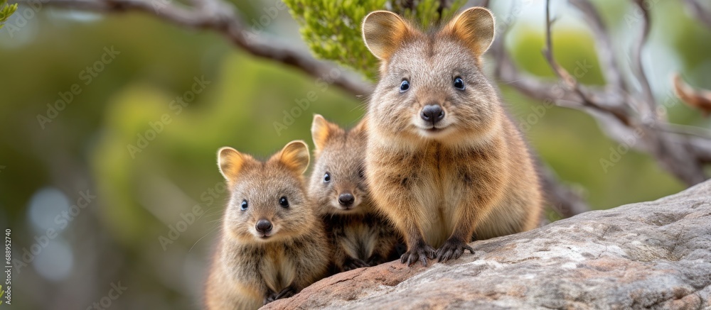 Quokka family enjoying vegetation on Rottnest Island, Australia. Stock ...
