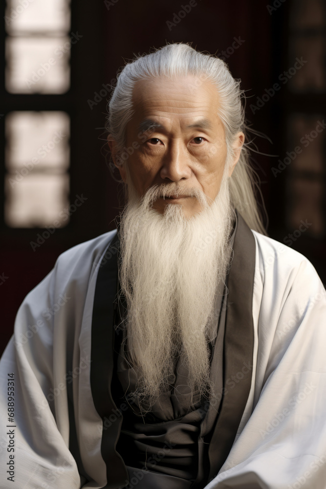Portrait of an elderly Chinese Taoist priest with white hair and beard ...
