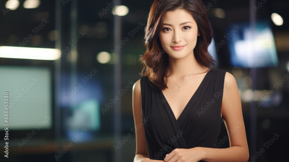 Asian female television news presenter against the backdrop of the tv ...