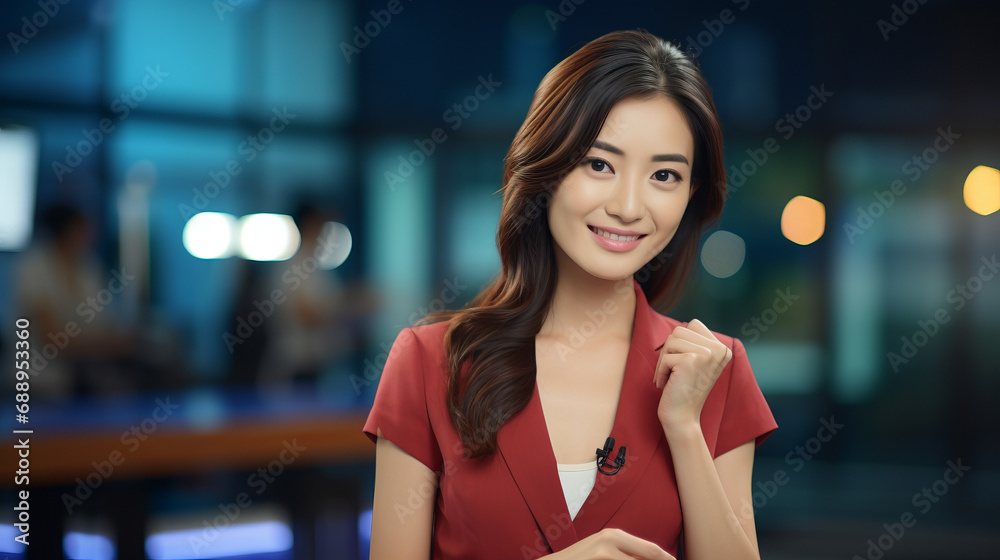Asian female television news presenter against the backdrop of the tv ...