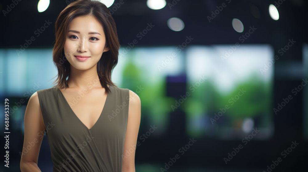 Foto de Asian female television news presenter against the backdrop of ...