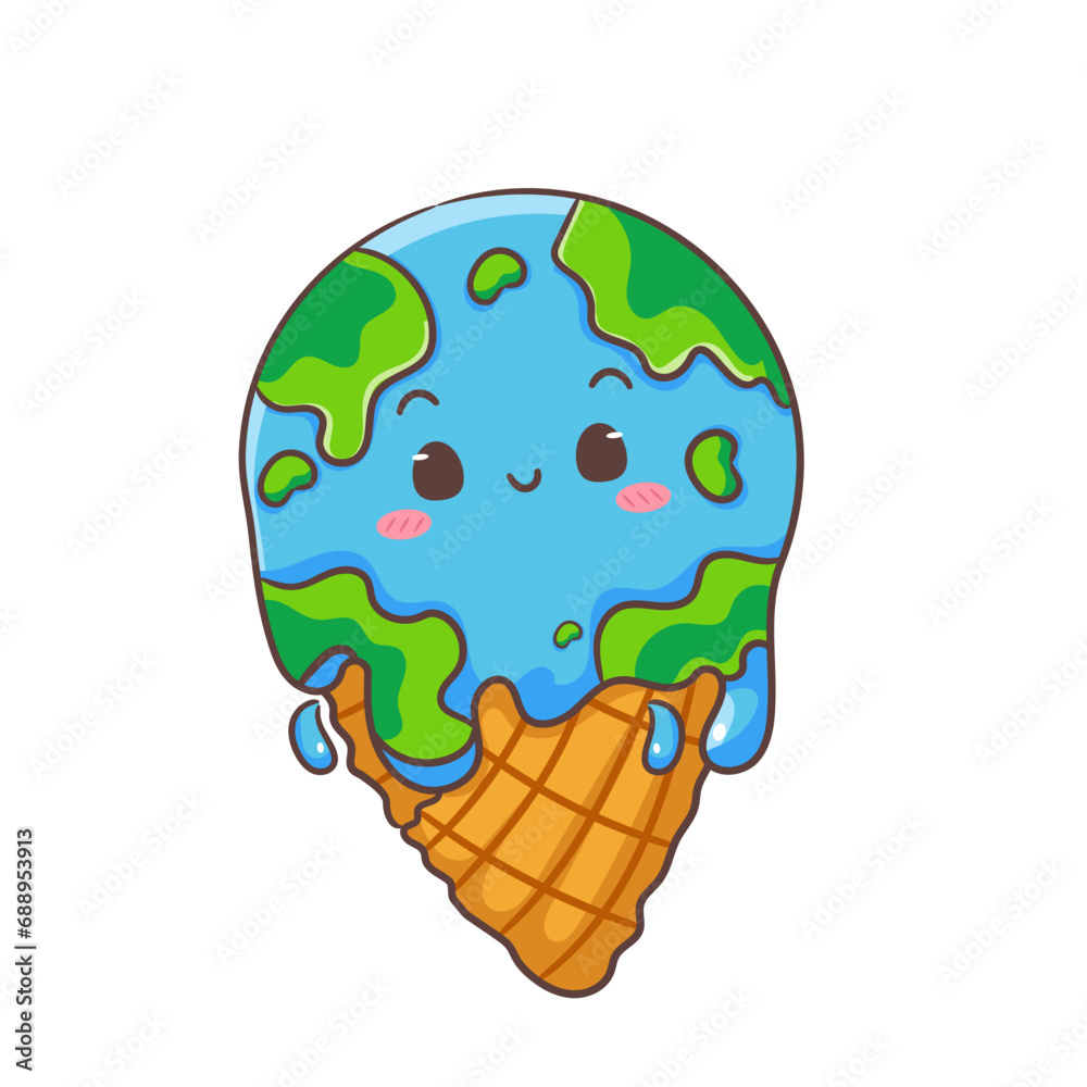 Cute ice cream earth melted cartoon. Global warming and climate change ...