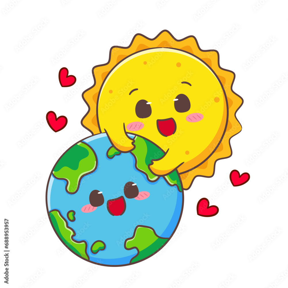 Cute earth and sun cartoon. World concept design. Isolated white ...