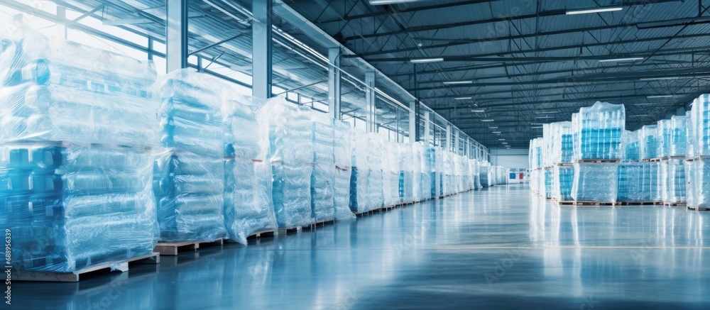 Transparent plastic bags of bottled mineral water in rows in a hangar ...