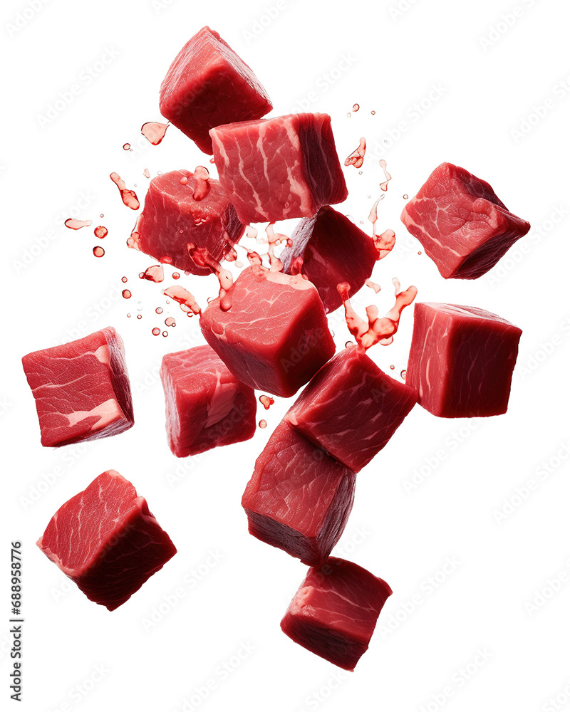 Falling Beef meat Cubes Isolated transparent white background png high ...