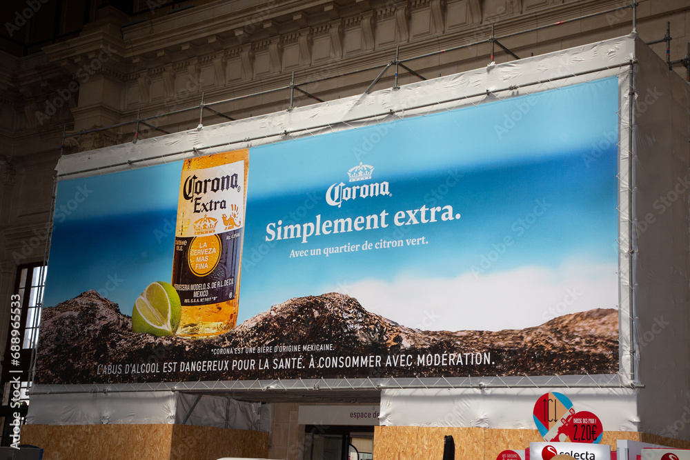 Corona cerveza extra Beer logo brand and text sign on wall texture panel advertising Stock Photo ...
