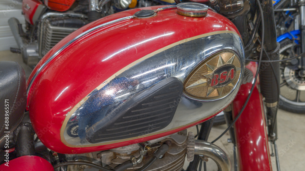 Foto de BSA logo sign and text brand on vintage red chrome silver tank ...