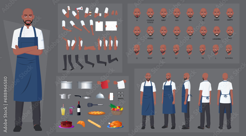 Chef, Cook Character Creation Set, Black Man Wearing Blue Apron, with ...