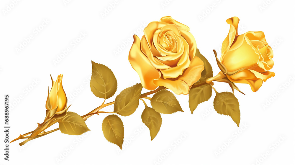 Hand drawn golden roses isolated on white background frame and leaves ...