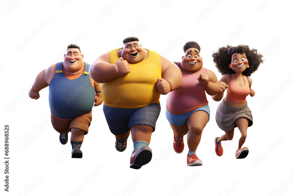 3D cartoon character happy group of fat people running together, Full ...