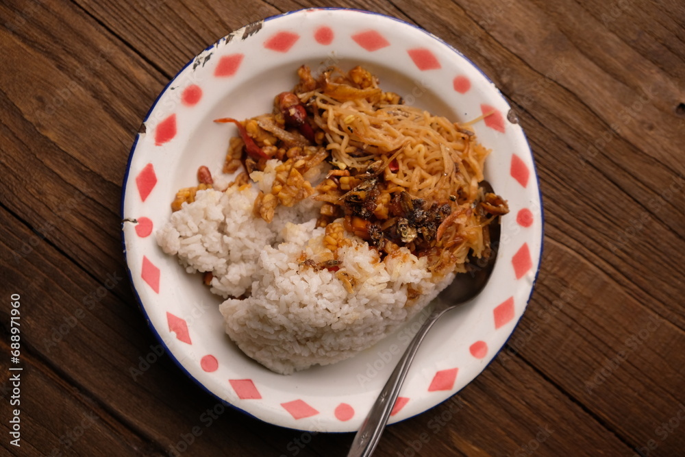 Nasi Campur, Nasi Rames. Rice with side dishes of fried vermicelli ...