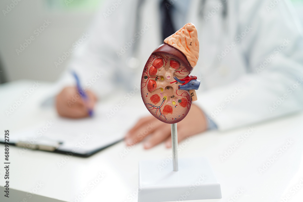 Chronic kidney disease, doctor with model for treatment urinary system ...