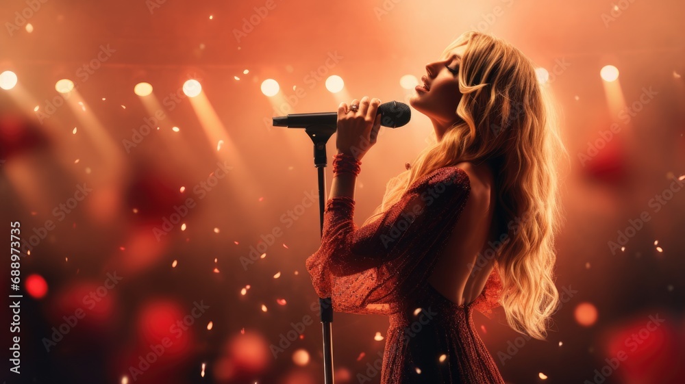 Female singer at pop concert stage singing with backlit lighting in pop ...