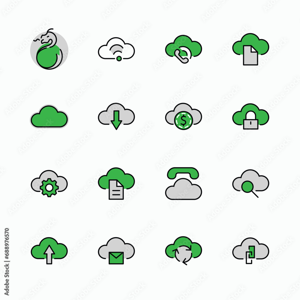 Set of cloud vector line icon. It contains symbols to upload, download ...