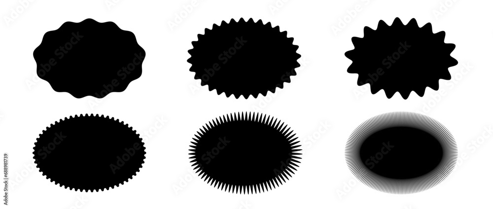 Wavy edge ellipse shape collection. Jagged zig zag oval elements set ...