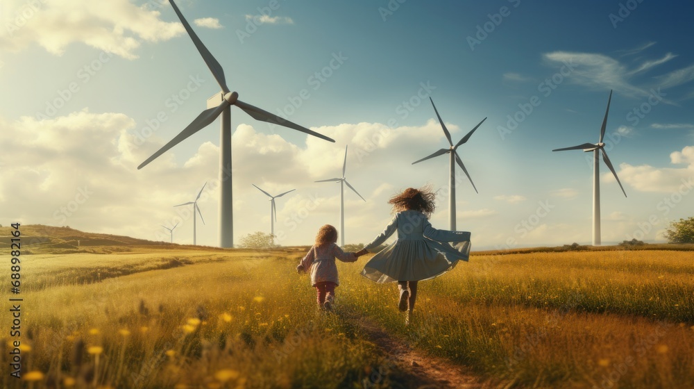 Little girl and child running in front of windmill, renewable energy ...