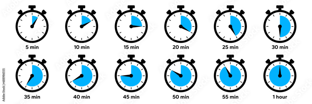 Timer and stopwatch icons. Time clock, Label cooking time. Vector ...