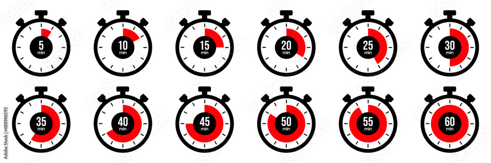 Timer and stopwatch icons. Time clock, Label cooking time. Vector ...