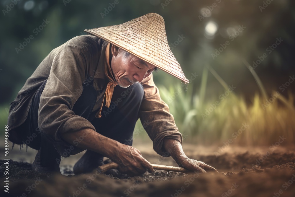 Asian farmer planting rice crops. Agriculturist cultivate plant on ...