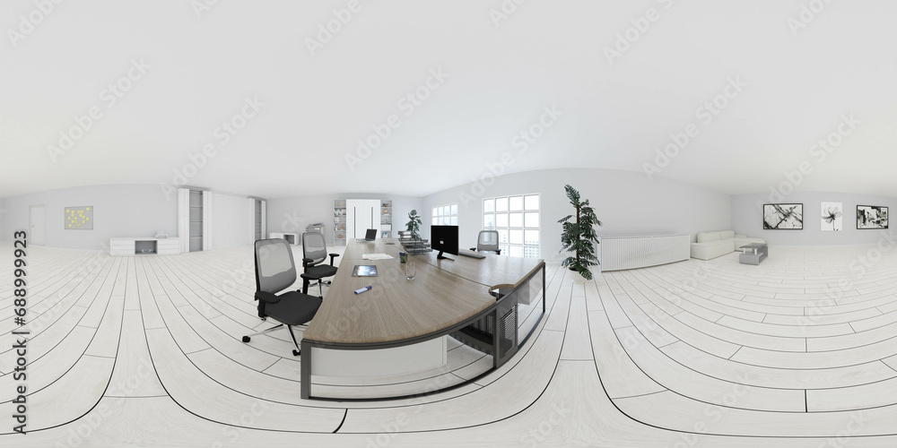 An Organized Office Space with a Modern Desk 360 degree full panorama ...