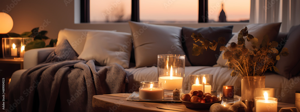 A cozy high-detail snapshot of a modern living room in the evening with ...
