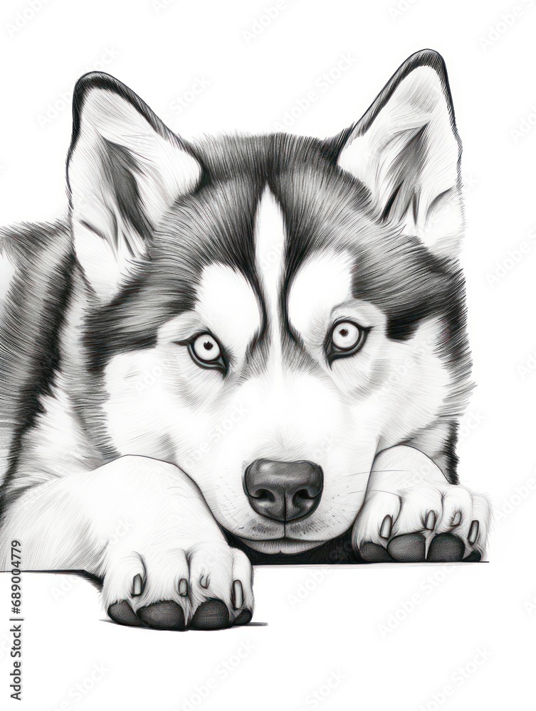 Siberian husky pencil line art, Sketch of Husky lying on the ground ...
