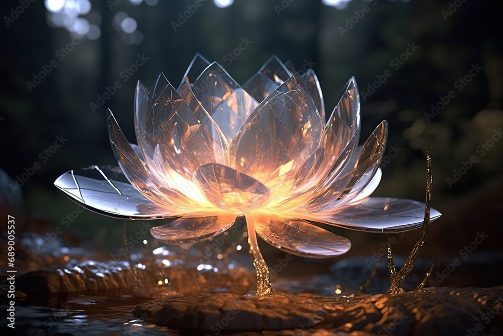 beautiful leaves grow from a giant floating crystal flower, huge petals ...