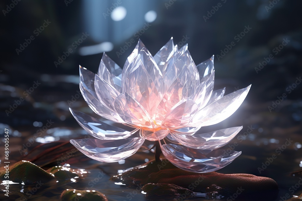 beautiful leaves grow from a giant floating crystal flower, huge petals ...